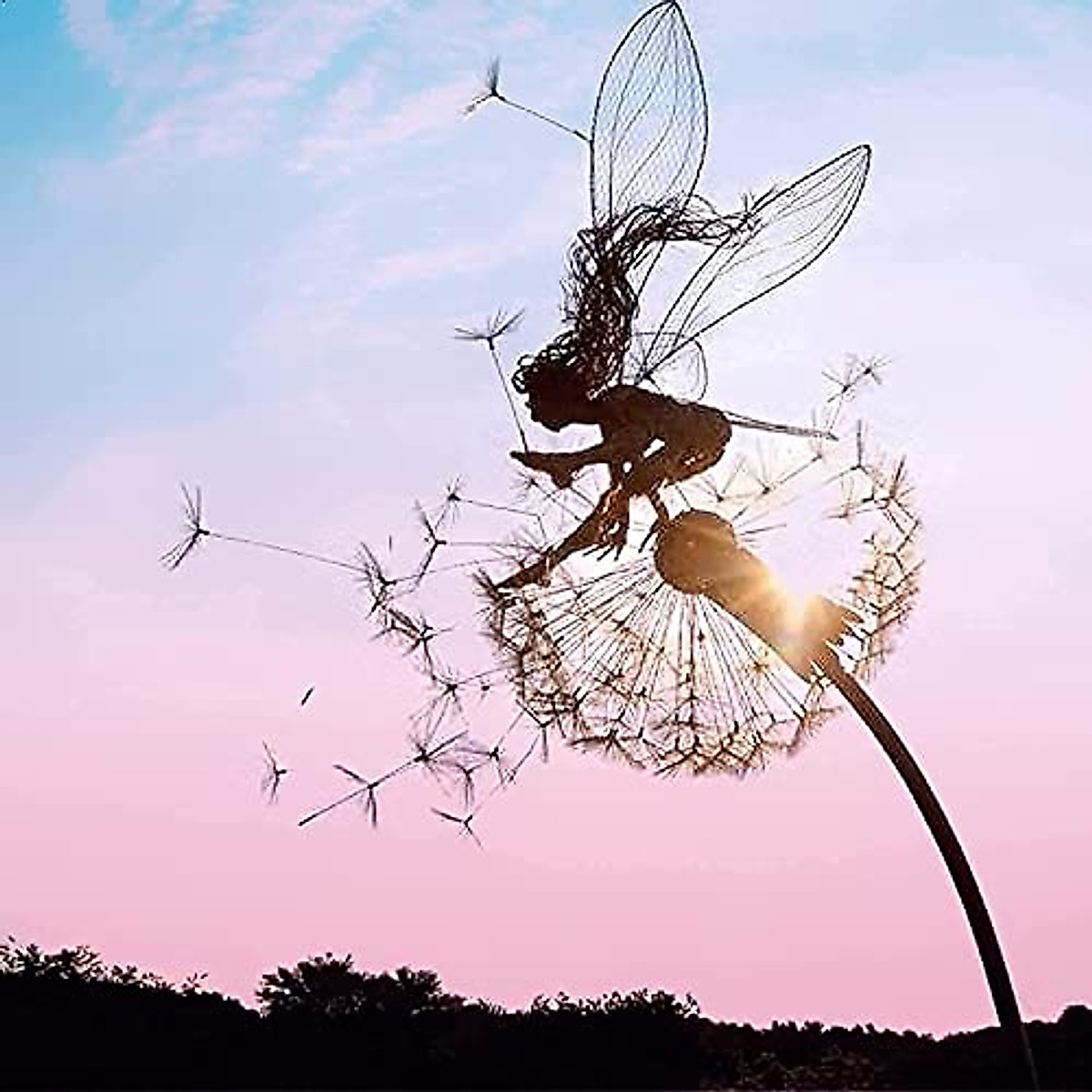 Tiyazxw Fairies Dandelions Garden Stainless Steel Fairy Ornaments, Garden Sculptures and Statues Flying Fairy Sculptures Yard Art Ornaments, Dancing Fairy Dandelion Garden Decoration, Feel love and ho
