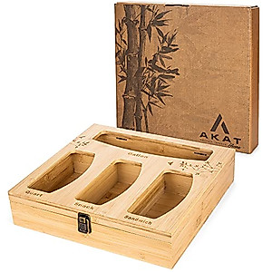 AKAT HOME Bamboo Ziplock Bag Storage Organizer & Baggie Dispenser for Kitchen Drawer – Wooden Zip Lock Container Holder Wall Gallon,Sandwich,Snack,Quart (Flip, Engraved, - M1)