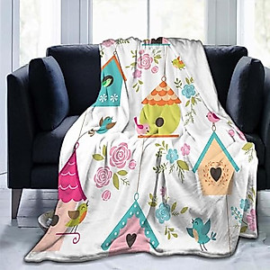 Throw Blanket 60x80 Inch,Floral Birds Houses Home Flannel Soft Cozy Fluffy Throw Blankets and Warm Throws for Adults in Couch Sofa Bed 60x50 Inch