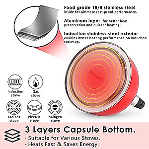 Rorence Whistling Tea Kettle: 2.5 Quart Stainless Steel Kettle with Capsule Bottom & Heat-resistant Glass Lid (Red)