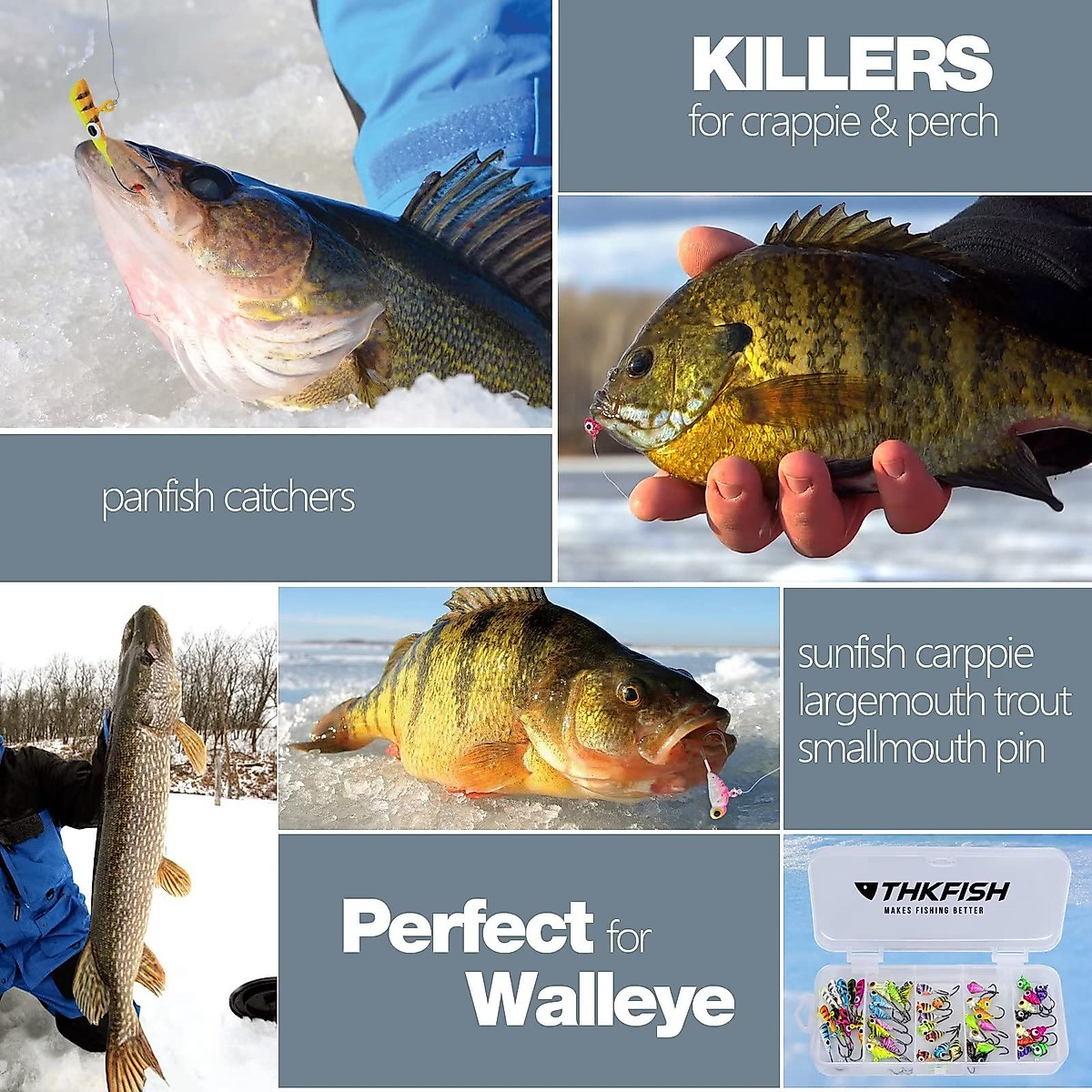 THKFISH Ice Fishing Jigs Ice Fishing Lures A-50PCS+THKFISH Fishing Tackle Box Organizer Double Layer Tackle Storage