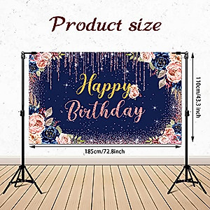Happy Birthday Backdrop Decorations for Women Background Party Supplies Rose Backdrop Photography for Girls Boys Floral Glitters Banner Wedding Baby Shower Decor (Navy Blue)