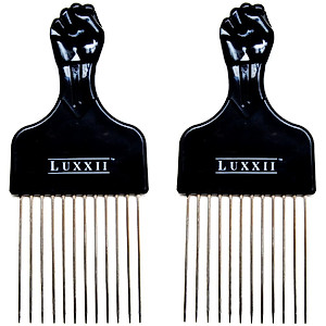 LUXXII (2 Pack) 6.75" Black Fist Metal Afro Pick Lift Hair Comb Detangle Wig Braid Hair Man Styling Comb