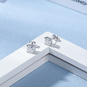 Tunzug Princess Square Moissanite Diamond Stud Earrings D Color VVS1 Clarity Lab Made Diamond Stud Earrings 18K White Gold Plated 925 Sterling Silver Friction Back Earrings for Women