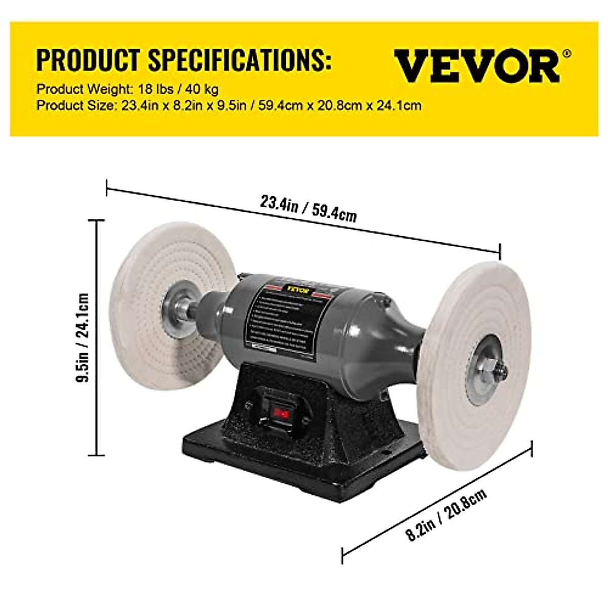 VEVOR Bench Buffer Polisher, 8 inch Buffing Machine 370W Motor with 3600 RPM, Heavy Duty Benchtop Lathe Polishing Machine for Jewelry, Wood, Silver, Amber, Metal, Jade