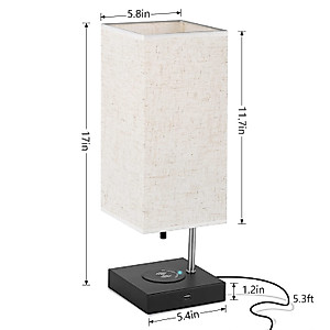 JS NOVA JUNS Table Lamp with USB Port, Wireless Charging Bedside Lamp with Flaxen Fabric Shade, Modern Nightstand Lamp Perfect for Bedroom, Living Room, Study Room, Office