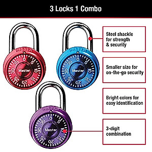Master Lock Padlock, Mini Dial Combination Lock, 1-9/16 in. Wide, Color Assortment Pack, 1533TRI (Pack of 3)