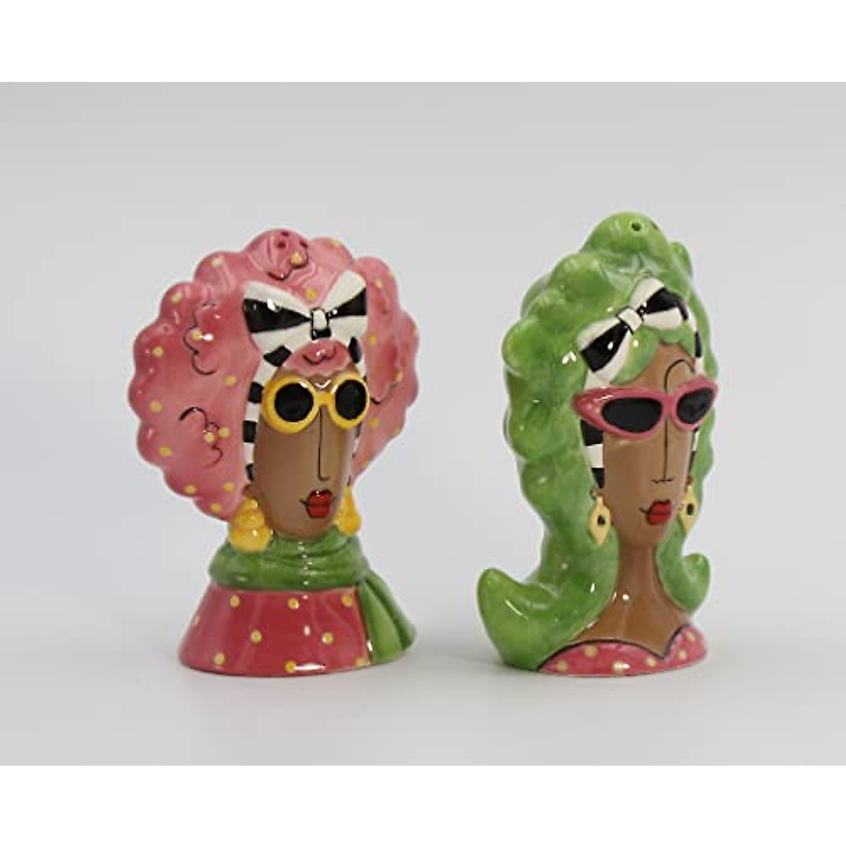 Fine Ceramic Dollymamas African American Black Fashion Lady with Sunglasses Salt & Pepper Shakers Set, 4-3/8" H