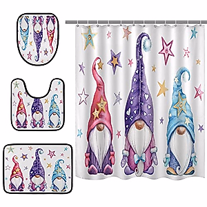 4PCS Magic Gnomes with Stars Shower Curtain Set with Non-Slip Rugs, Toilet Lid Cover and Bath U-Shaped Mat, Bathroom Decor Set Accessories Waterproof Shower Curtain Sets with 12 Hooks