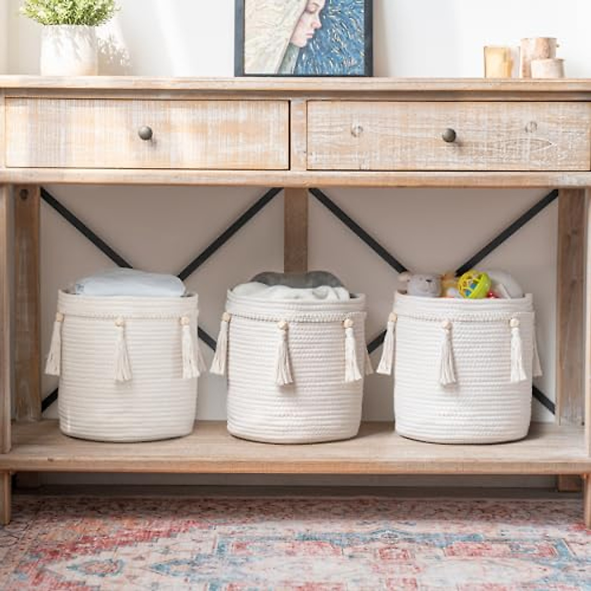 Mkono Macrame Decorative Cotton Rope Basket Boho Cute Woven Tassel Closet Storage Bins Organizer for Nursery,Baby Toys,Magazines, Potted Plants Cover,Living Room,Bedroom,Home Decor 11"x11",Small