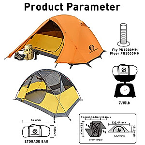 2 Person Camping Tent with 3 Aluminum Alloy Poles, 4 or 3 Season Waterproof Tent, Double Layer,Easy Setup, 2 Doors for Outdoor Hiking,Mountaineering,Survival,Travel