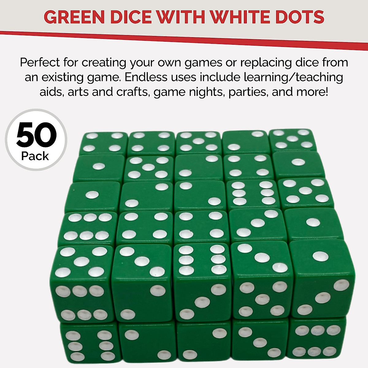 MR CHIPS D6 Standard 16 mm Opaque Dice with Pip Dots - 50 Pack - Green