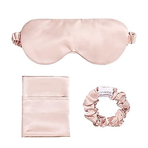 Silk Sleep Mask Set, Silk Hair Scrunchies and Silk Bags for Eye Skin and Sleeping 100% Pure Mulberry Silk 22 Momme Silk with Gift Box(Candy Pink)