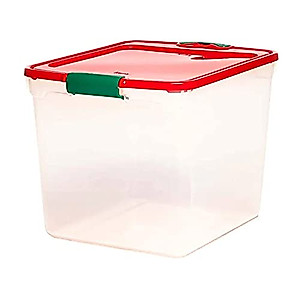 HOMZ 31 Quart Medium Latching Stackable Clear Plastic Holiday Decorations Storage Container Bin with Red Lid and Green Latch, 4 Pack