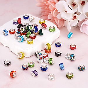 Craftdady 100Pcs Random Mixed Color Polymer Clay Large Hole European Beads with Rhinestone 11-12x7-7.5mm Rondelle Slide Bead Spacers for DIY Snake Chain Bracelet Making 5mm Big Hole