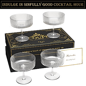 Ribbed Coupe Glasses Set of 4, Hand Blown 10 oz Vintage Cocktail Glasses, Vintage Art Deco Martini Glasses Set with Present Box for Espresso Martini, Champagne, Cosmopolitan, Manhattan, Cocktail Party