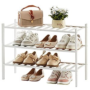 quiseolu White Shoe Rack for Closet Entryway 3 Tier Bamboo Shoe Rack Free Standing Shoe Organizer for Small Space Samll White Shoe Shelf Stackable Shoe Storage D11 * W27.2 * H18.3 Inches