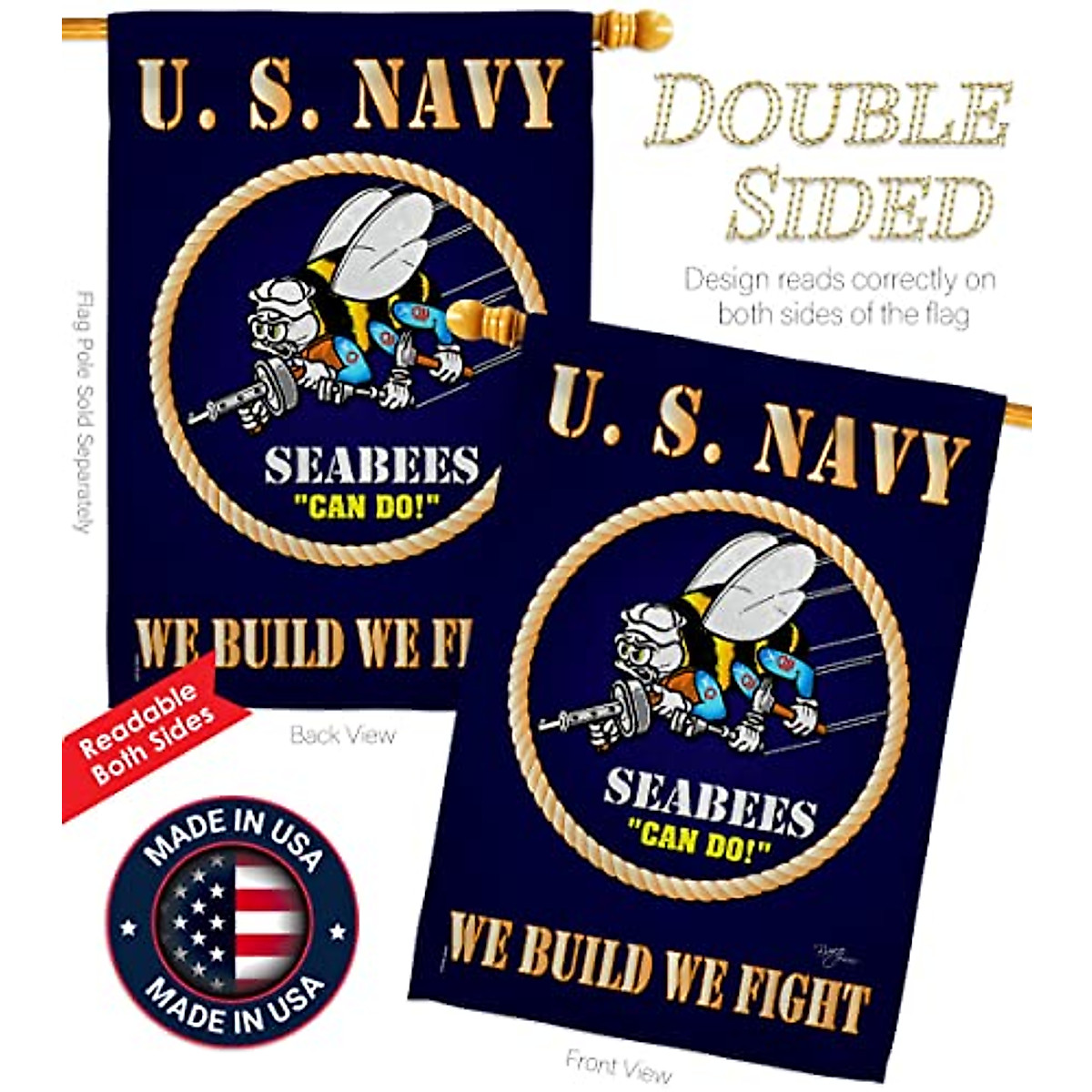 Breeze Decor Sea Bees House Flag Armed Forces Navy USN Seabee United State American Military Veteran Retire Official Decoration Banner Small Garden Yard Gift Double-Sided, 28" x 40", Made in USA