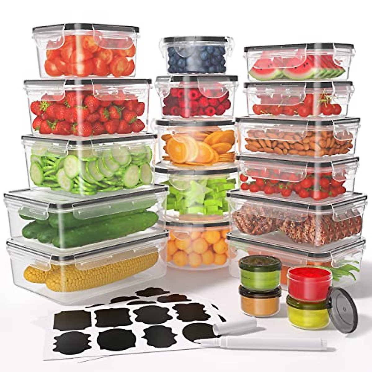KEMETHY 40 Pcs Food Storage Containers with Lids Airtight (20 Containers & 20 Lids), Plastic Meal Prep Container for Pantry & Kitchen Organization, BPA-Free, Leak-Proof with Labels & Marker Pen