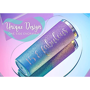 Quinceanera Gifts, 15 Year Old Girl Gifts for Birthday, 15th Birthday Gifts for Girls, Female, Her - 20oz/590ml Stainless Steel Insulated Tumbler with Straw, Lid - 15 & Fabulous Glitter Purple Blue