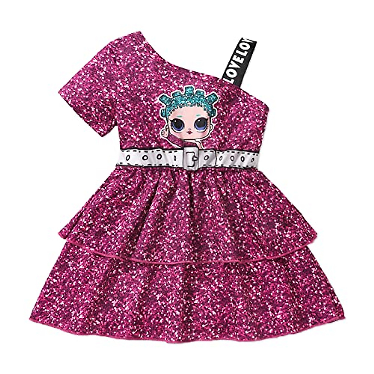 L.O.L. Surprise! Girls Tiered Dress Figure Print Layered One Shoulder Casual Dress Flowy Summer Dress Size 6-12 Deep Magenta 7-8 Years