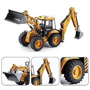 Dollox Die-cast Excavator Backhoe Front Loader Truck 1/50 Metal Engineering Vehicle Construction Tractor Model Collection Bulldozer Back Hoe Truck Decoration Toy Gift for Kids