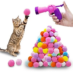 Andiker Cat Toy Balls Set, 30pcs Plush Cat Pom Pom Balls&a Plastic Launcher Set for Cat Catch&Fetch Interactive Cat Toy with Colorful&Soft Cat Balls for Indoor Cats to Keep Fit (Pink 100balls)