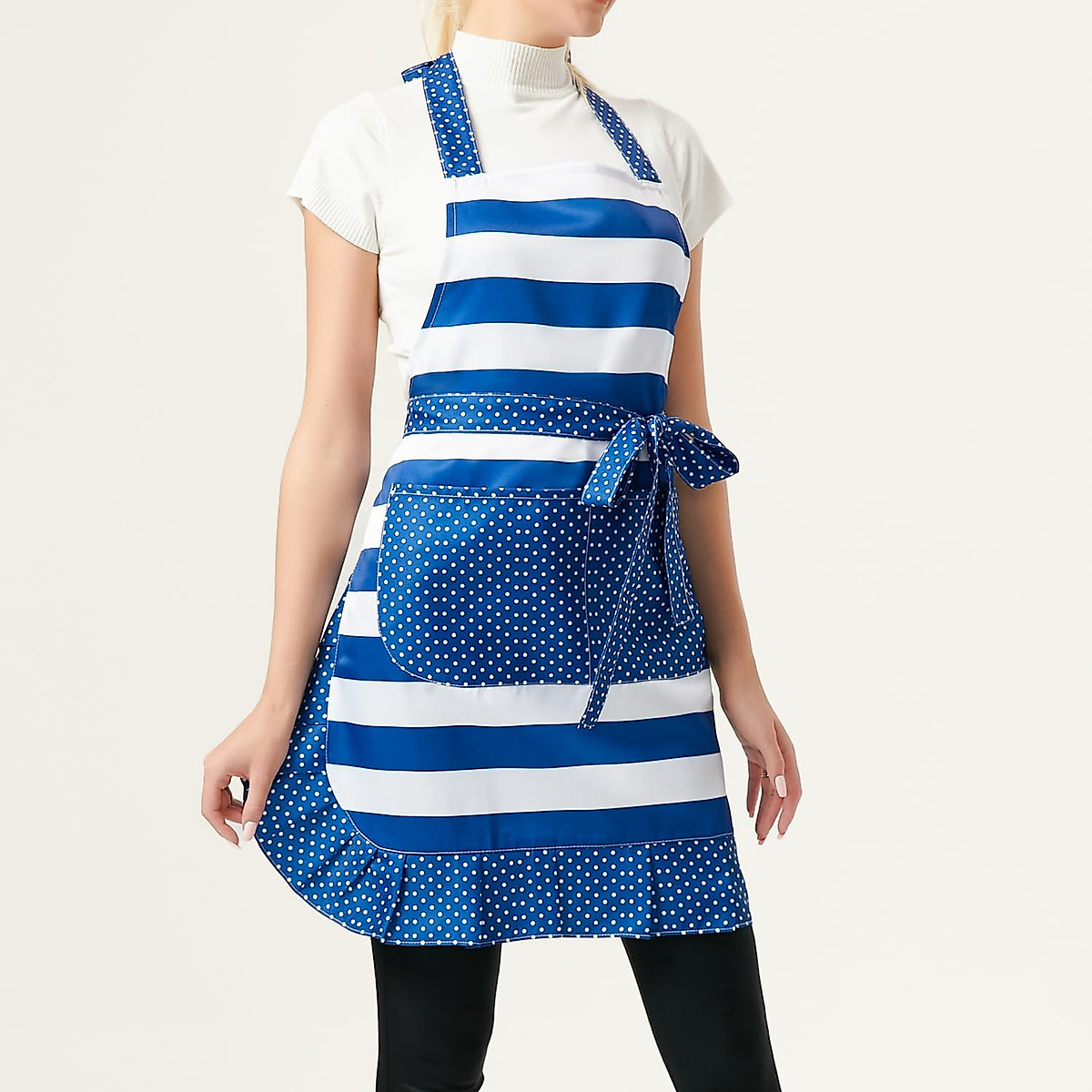 Lovely Lady's Kitchen Fashion Cooking Baking Kitchen Aprons with Pockets for Mother's Day Gift, Plus Size Apron (31 x 28 Inches) Blue,white