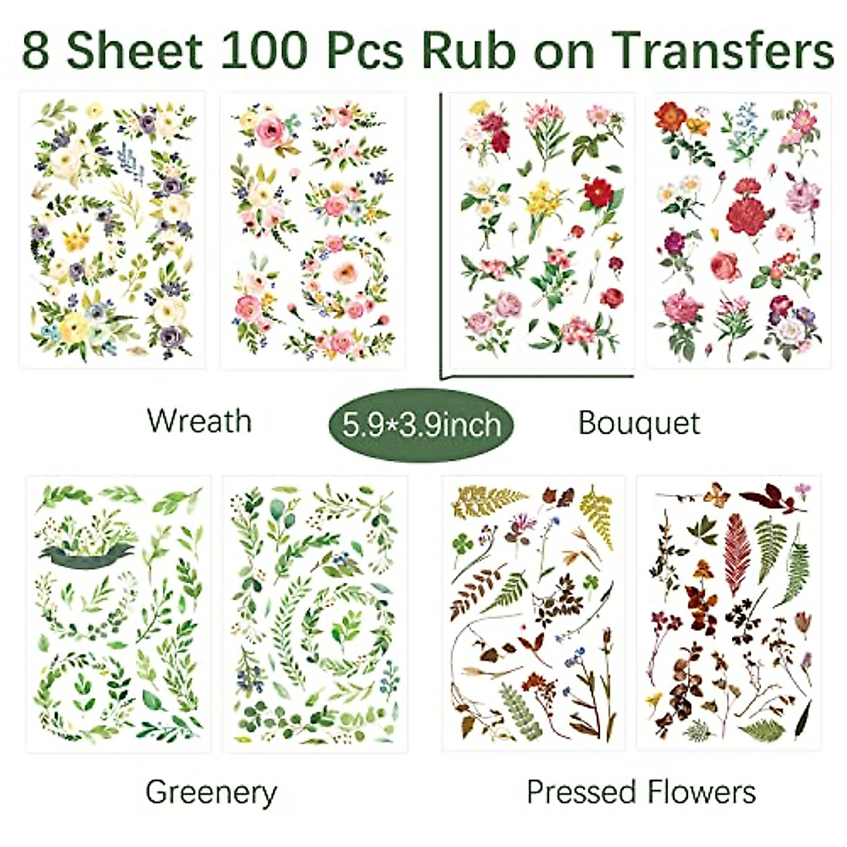 Morld 4 Pack Vintage Rub On Transfers Plant Stickers - 100 Pcs Flower Deco Sticker for Crafts, Wood, Furniture, Fabric, Journaling, Bullet Dairy, Scrapbooking, Planners, Nature Journal