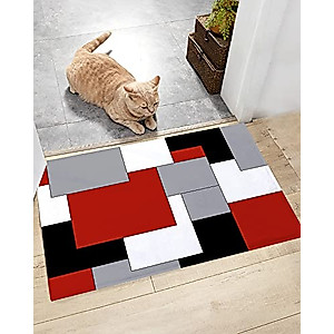 Fluffy Shag Bath Mat Abstract Red Black Grey White Color Block Area Rugs Warm Soft Plush Shaggy Floor Door Mats for Bathroom/Bedroom/Living Room/Entry Way Decor Splicing Geometric Plaid 24x36in