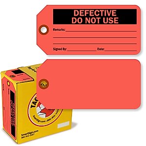 SmartSign Pack of 100 Defective Do Not Use Tags in Dispenser Box | 3" x 6.25" Fluorescent Cardstock, Tear Resistant Fiber Patch, Red