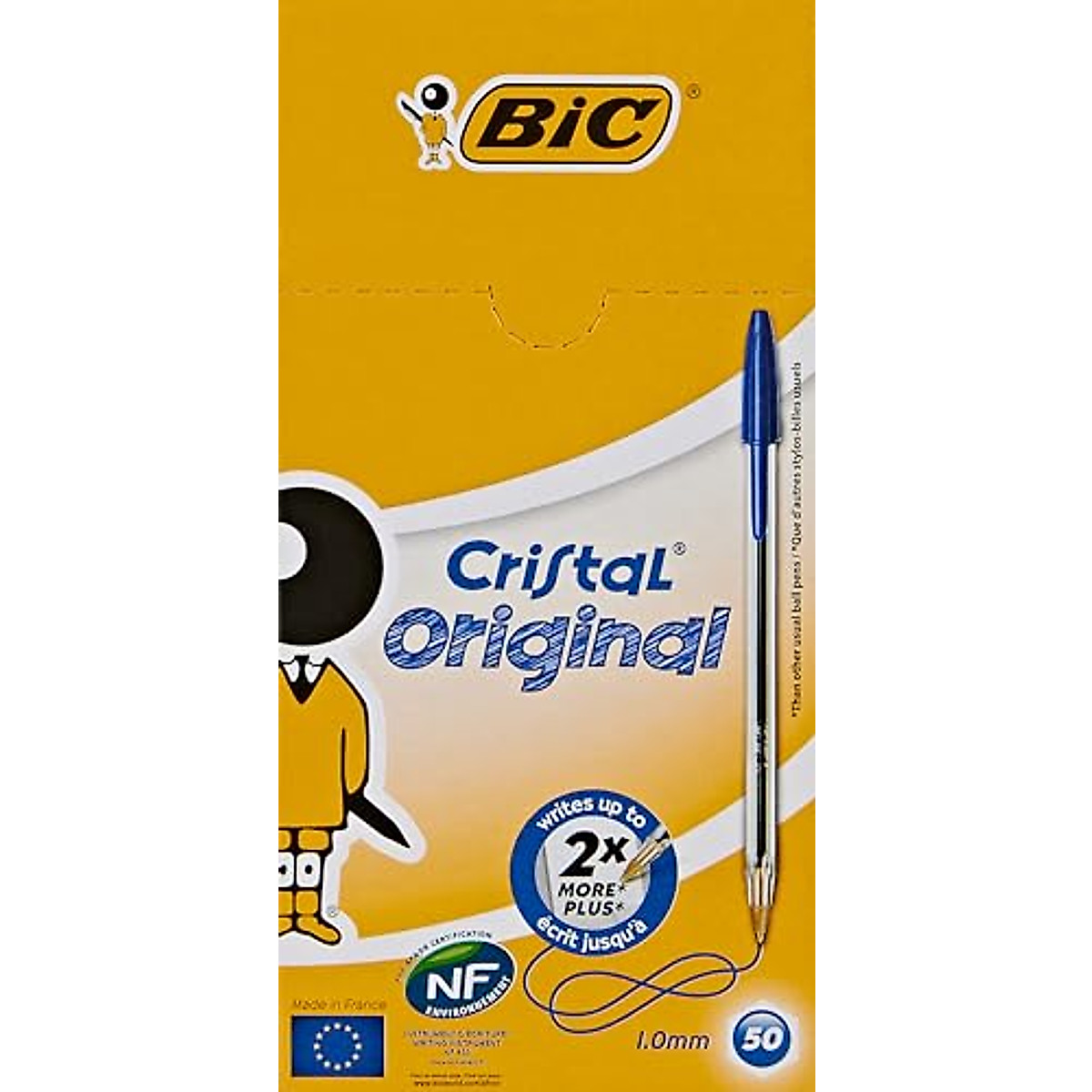 Bic Cristal Original Ballpoint Pens, Medium Point (1.0 mm) Every-Day Writing Pens with Clear Barrel, Blue, Box of 50