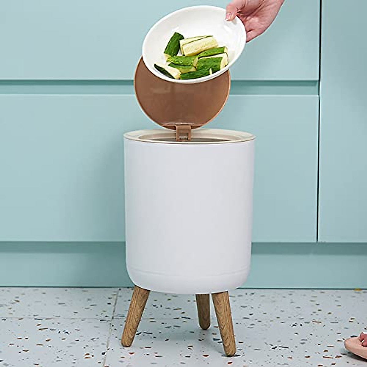 Kelendle Nordic Waste Basket Push Top Trash Can with Lid Garbage Can with Long Legs Modern Round Trash Bin for Kitchen Bathroom