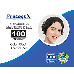 ProtectX 100-Pack Black Disposable Hair Nets, Elastic Head Cover, Bouffant Caps, Sanitation Head Cover for Food Service, Spa Men & Women - 21 inch