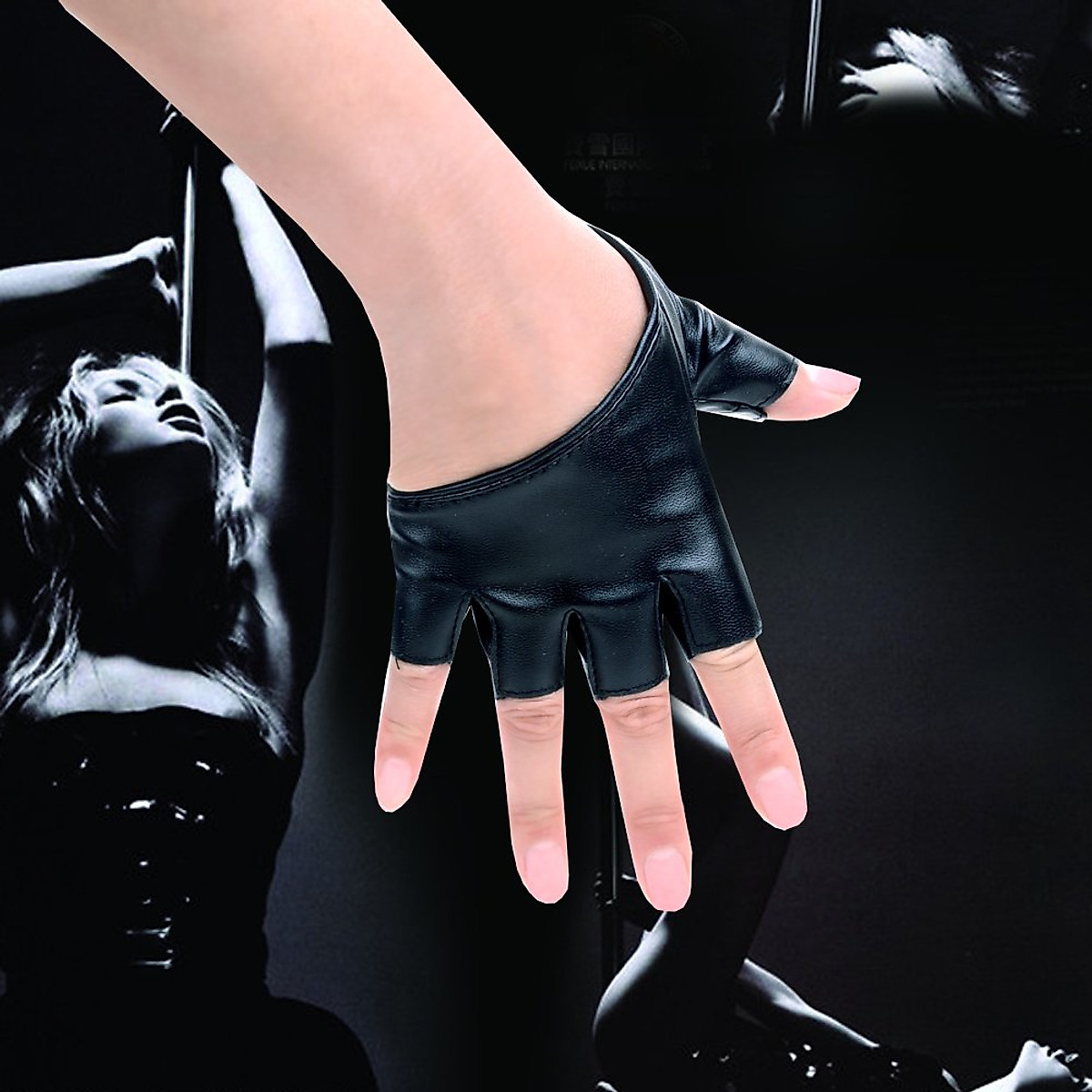 JISEN Women Half Palm Half Finger PU Leather Dancing Punk Gloves Black