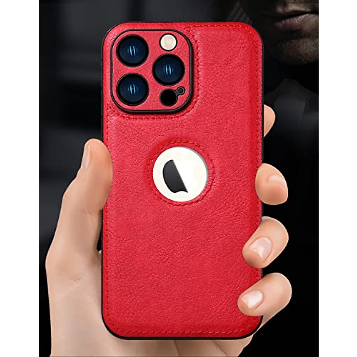 SunRemex Logo Visible for iPhone 13 Pro Max Case with Tempered Glass Screen Protector, Non-Slip Grip Vegan Leather Classic Luxury Elegant Thin Cover for iPhone 13 Pro Max (6.7") (Red)