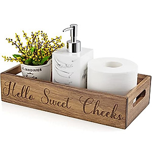 ALELION Bathroom Basket - Rustic Acacia Wood Toilet Tank Paper Basket with Handle for Organizing - Back of Toilet Storage Organizer for Bathroom Tank Topper Counter - Farmhouse Bathroom Decor Box