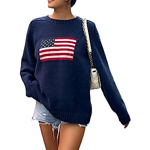 Y2k Vintage Sweater Long Sleeve Crew Neck Loose Knit Pullover American Flag Sweatshirt Preppy Striped Sweater