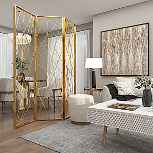 Deco 79 Metal Abstract Partition Room Divider Screen Foldable Partition Wire Rod 3 Panel Privacy Screen with Small Ball Accents, Room Partition 59" x 2" x 79", Gold