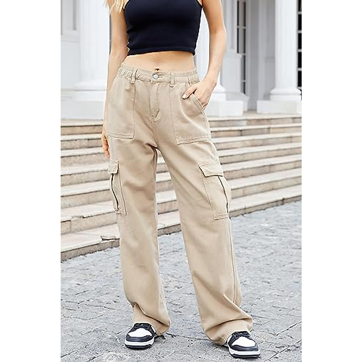 QYANGG High Waist Cargo Pants Women Stretch Baggy Cargo Pants Women Multiple Pockets Relaxed Fit Straight Wide Leg Y2K Pants Khaki