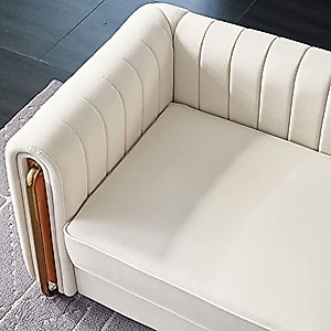 Contemporary Velvet Sofa Couch 84.25''W for Living Room - Modern Velvet Couch with Flared Arms and Removable Cushions, Living Room Furniture, Solid Wood Frame with Golden Legs - Beige