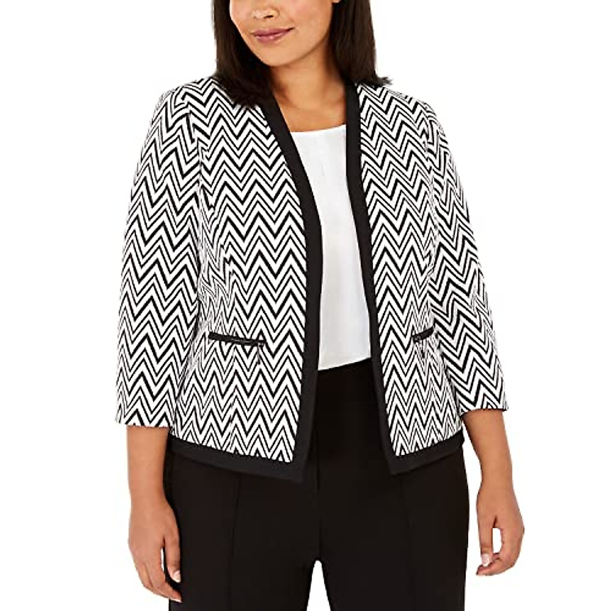 Kasper Women's Plus Size Zig ZAG Knit Fly Away Jacket, Black Multi, 14W