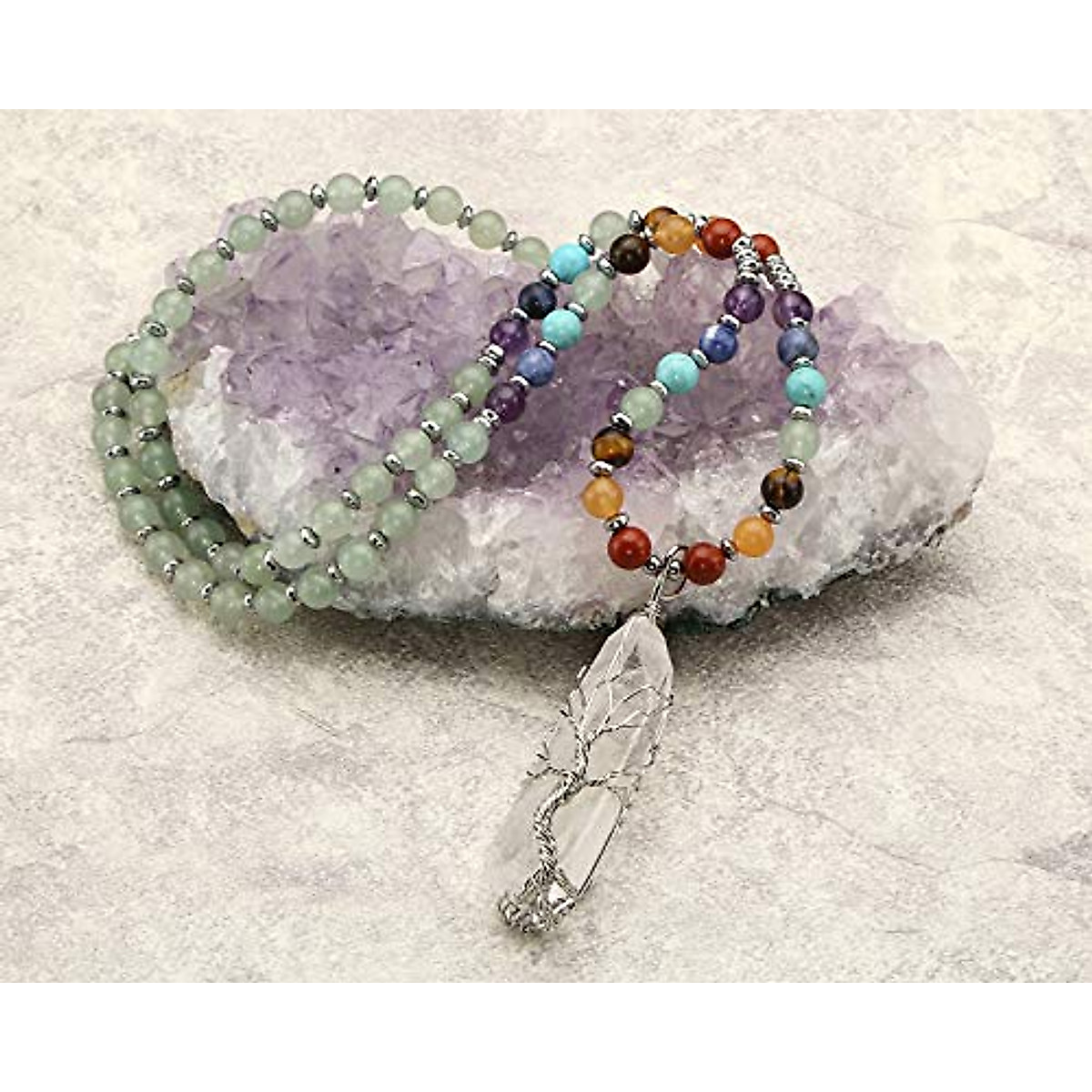 Jovivi Natural Green Aventurine 7 Chakras Healing Crystals Necklace Wire Wrapped Clear Quartz Pendant Healing Pointed Reiki Energy Balancing
