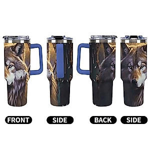 40 Oz Vacuum Tumbler with Deep Blue Handle Leakproof Insulated Tumbler Wolves And Dream Catchers Stainless Steel Travel Mug with Lid And Straw Coffee Cup Cute Water Bottles Cup Holder Friendly