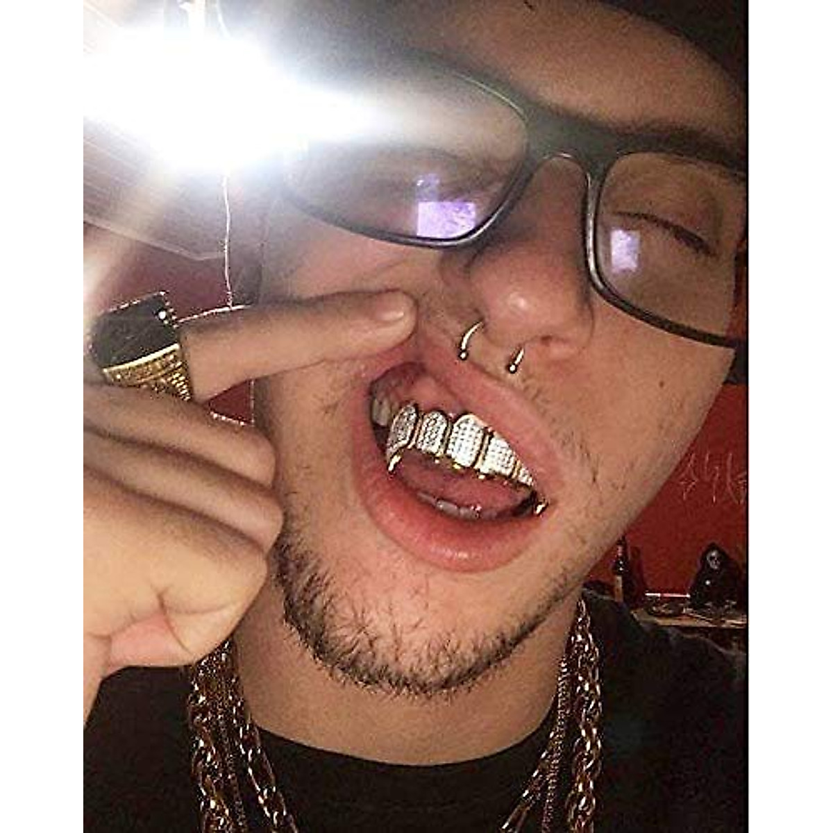 canjoyn 18K Gold Plated All Iced Out Luxury Cubic Zirconia Face Diamond Gold Teeth Grillz Set with Molding Bars Included for Men Women