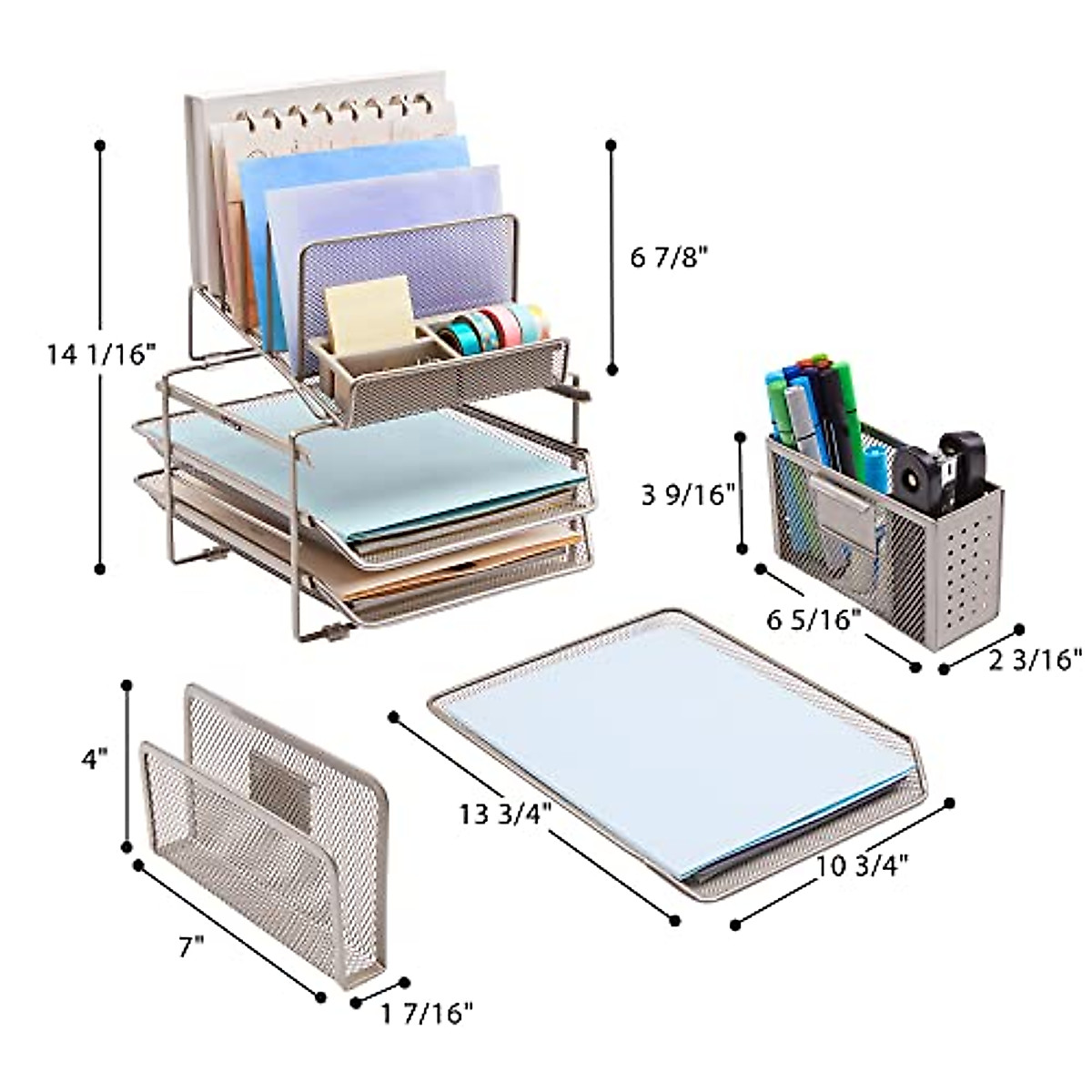 DESIGNA Stackable Mesh Desk Organizer with 3 Sliding Letter Trays 4 File Holders 2 Side Compartments & Pencil Holder Non-slip All In One Desktop Accessories Organizers Office Storage, Champagne