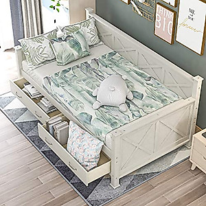 Bellemave Twin Daybed Frame with Storage Drawers,Wood Platform Beds Captain Sofa Bed for Kids,Bedroom,Living Room(Cream White)