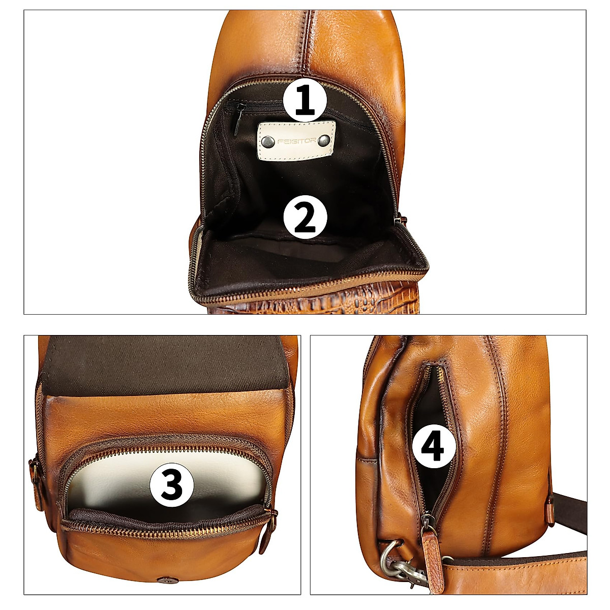 FEIGITOR Genuine Leather Sling Bag Embossed Crocodile Pattern Leather Crossbody Sling Backpack Handmade Chest Purse Daypack (Brown)