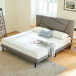 Molblly Queen Bed Frame with Adjustable Headboard, Linen Fabric Wrap, Strong Frame and Wooden Slats Support, No Box Spring Needed, Non-Slip and Noiseless, Easy Assembly, Light Grey