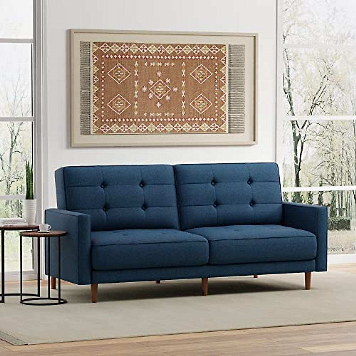 Glenwillow Home 81.5" Mies Square Arm Sleeper Sofa with 8-Button Tufting in MCM Vintage Design in Blue